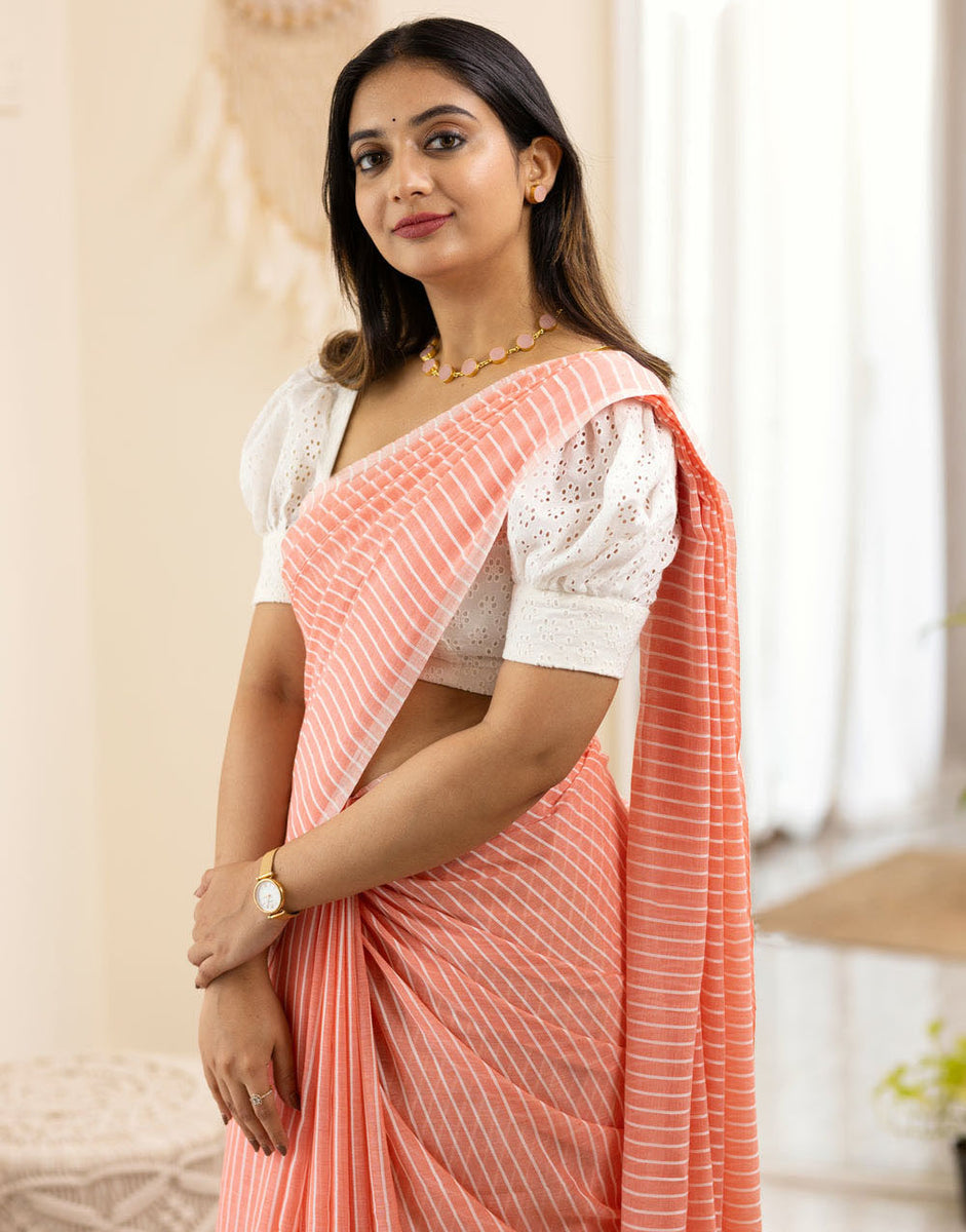 Lining Design Linen Saree In Peach – Sareewave
