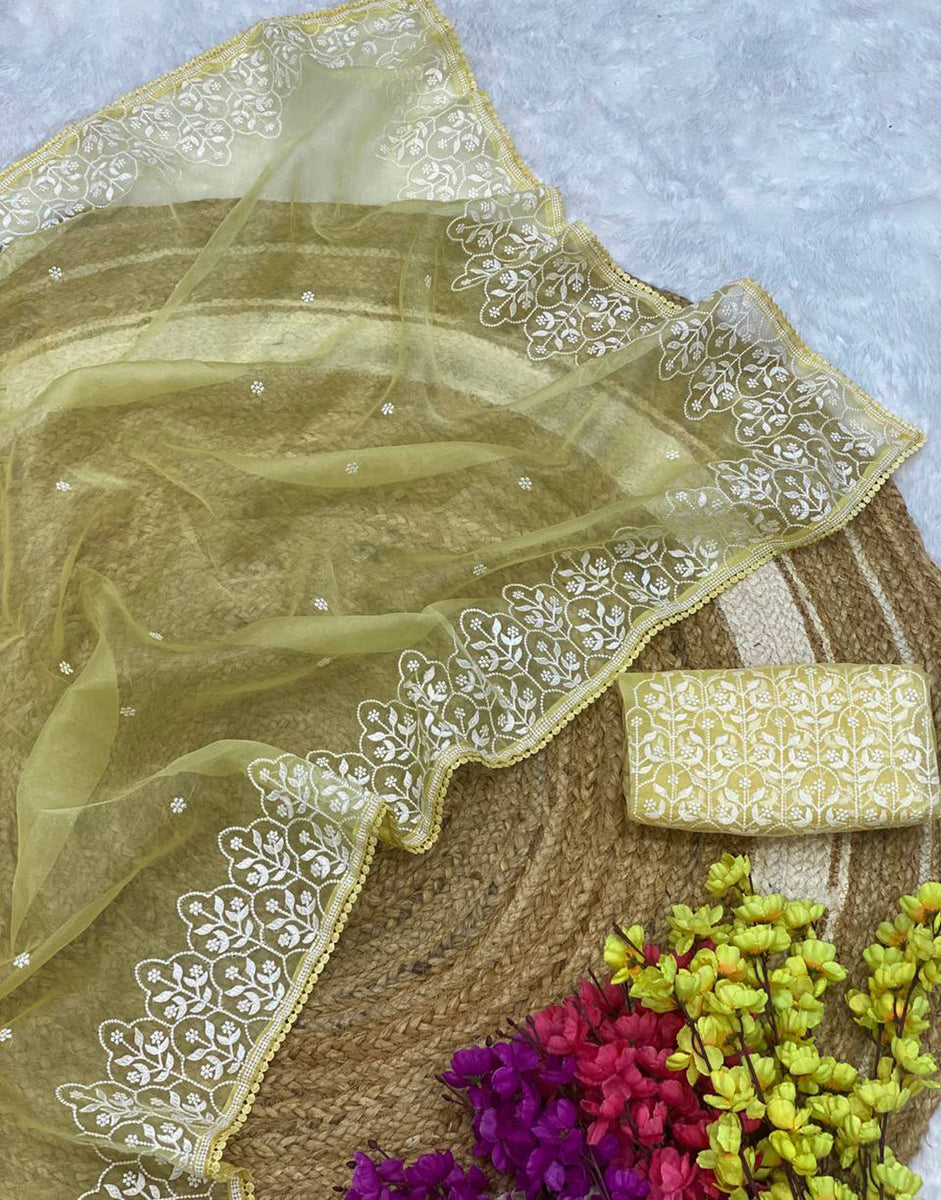 Light Yellow Organza Saree With Embroidery Thread Work – Sareewave