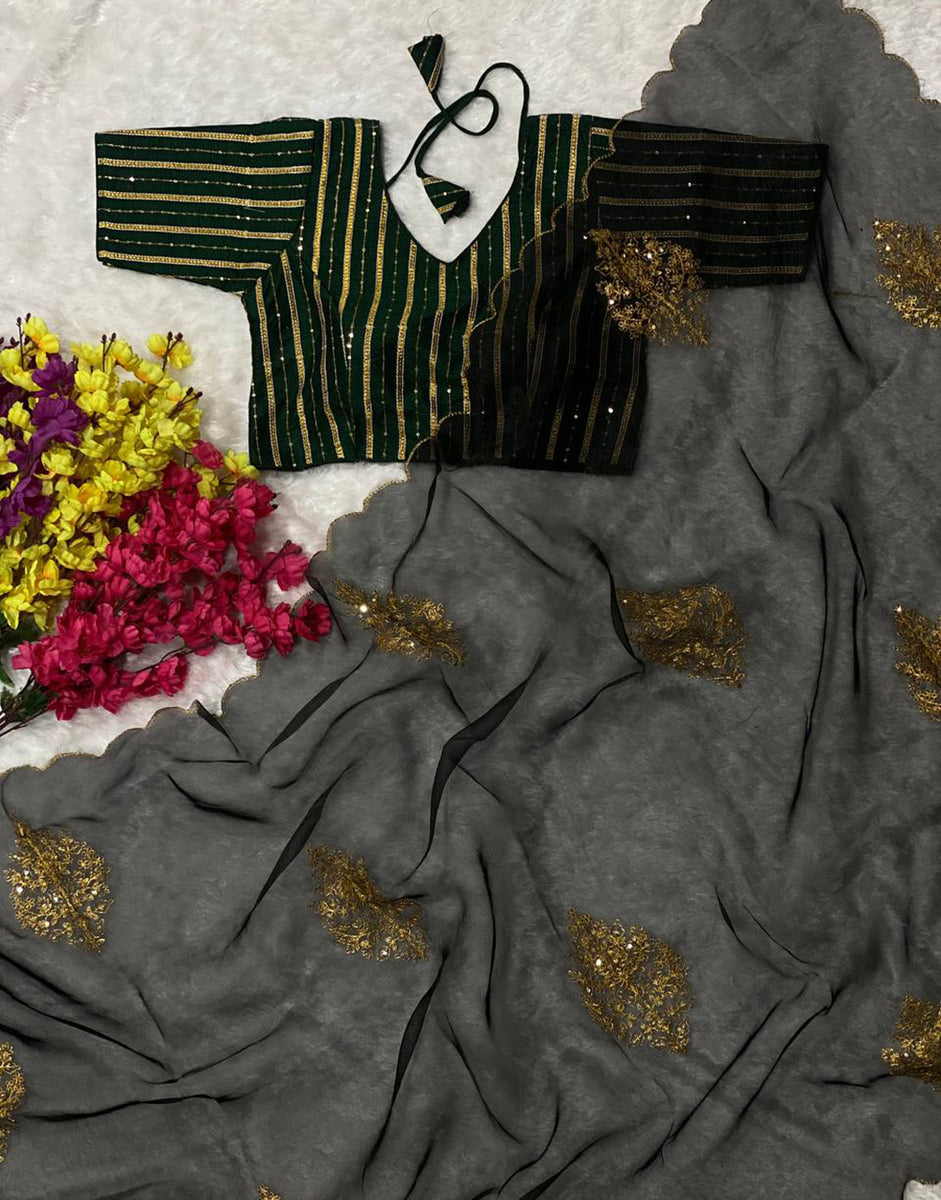 Black Organza Saree With Sequence & Embroidery Work – Sareewave