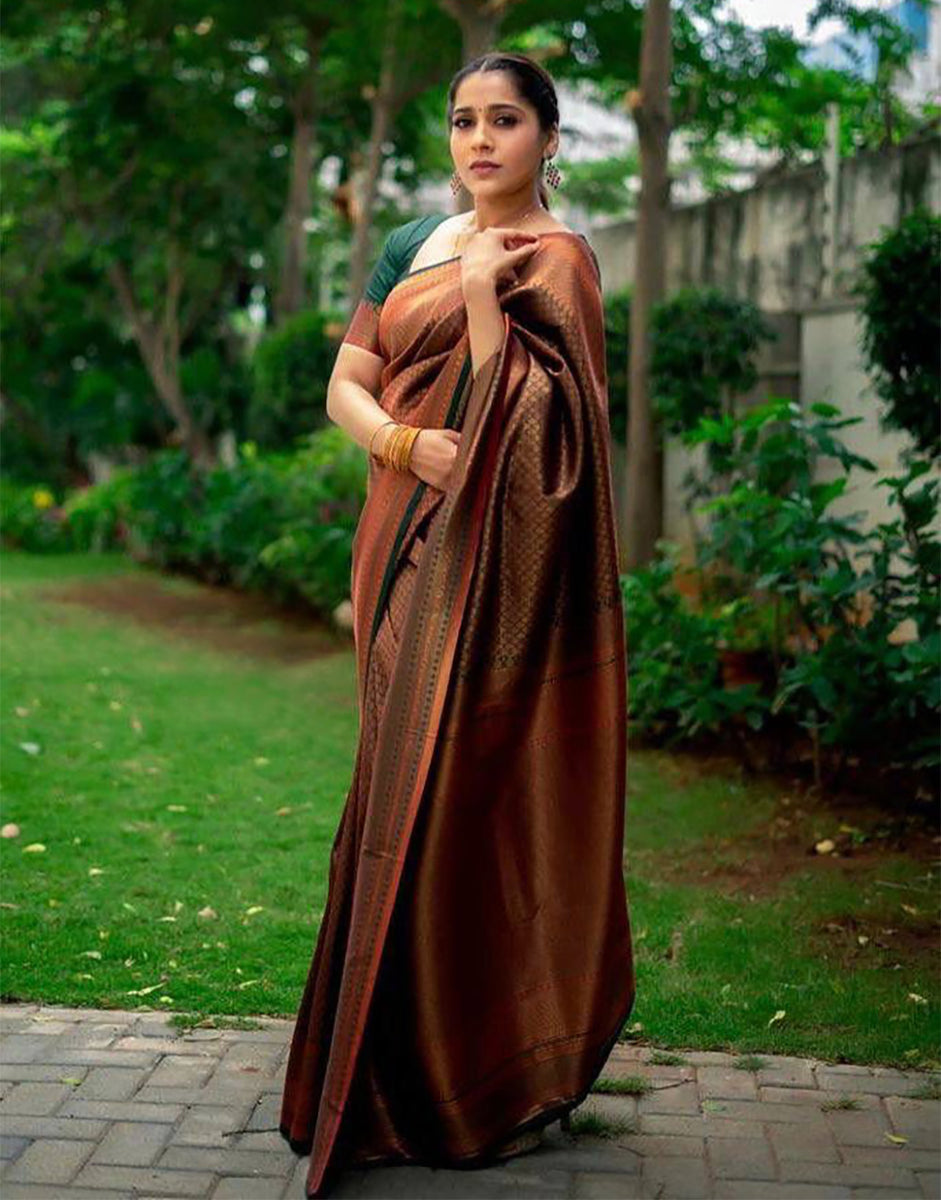 Chocolate Brown Banarasi Silk Saree With Copper Zari Weaving Work ...