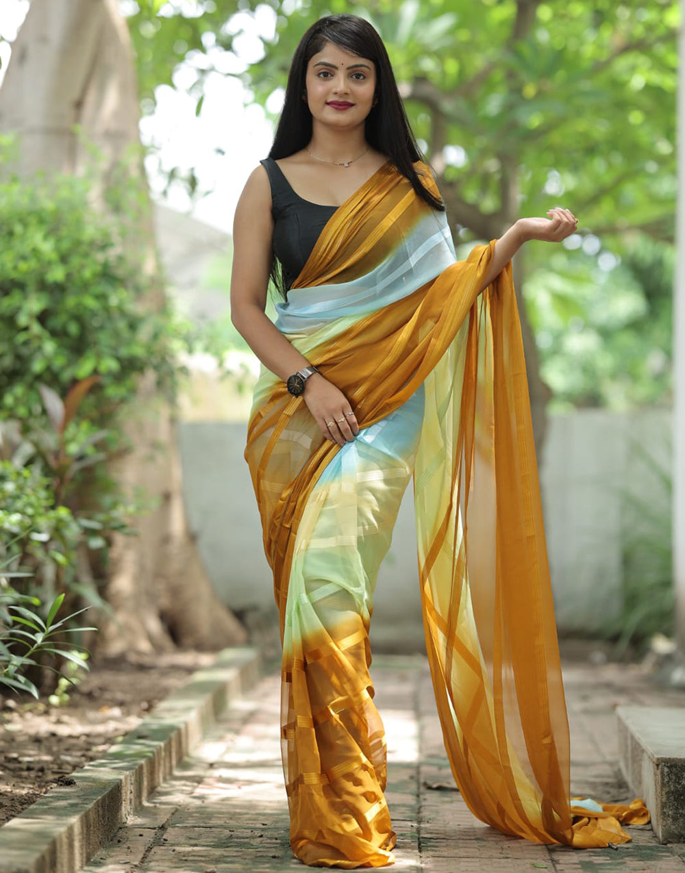 Mustard Multi Georgette Ready To Wear Saree Sareewave