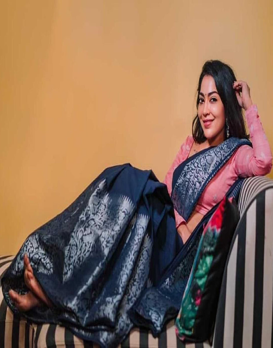 Dark Blue Soft Lichi Silk Saree Weaving Work – Sareewave