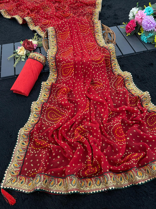 Viscose Georgette Original Bandhani With Gota Pati Hand Work Saree ...
