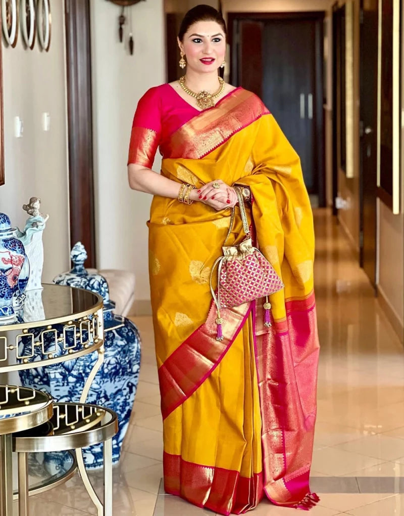 Yellow And Pink Colour Jacquard Border Silk Sarees – Sareewave